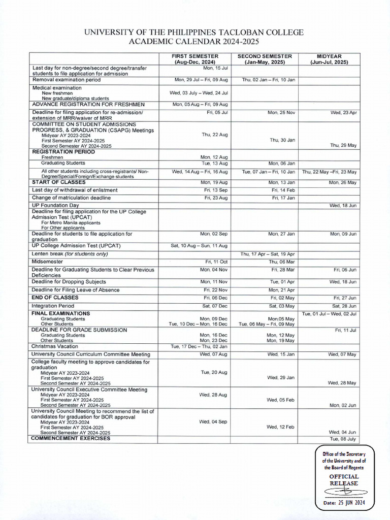 UP Tacloban Academic Calendar 2024-2025 | PDF | Holidays | Observances