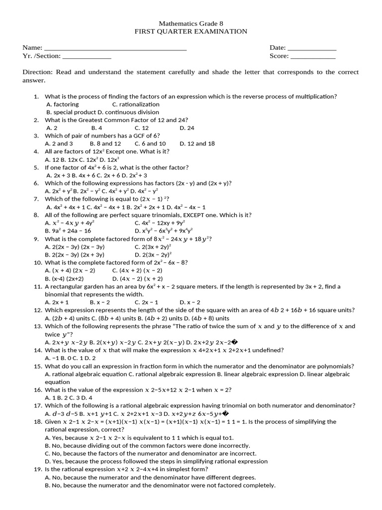 Test Question Math 8-Q1 | PDF | Factorization | Rational Number