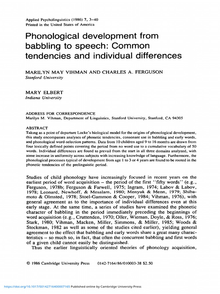 Phonological Development From Babbling To Speech Common Tendencies and ...