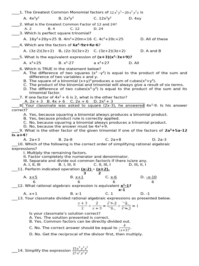TQ-Math 8 1st quarter-EDITED | PDF | Factorization | Abstract Algebra