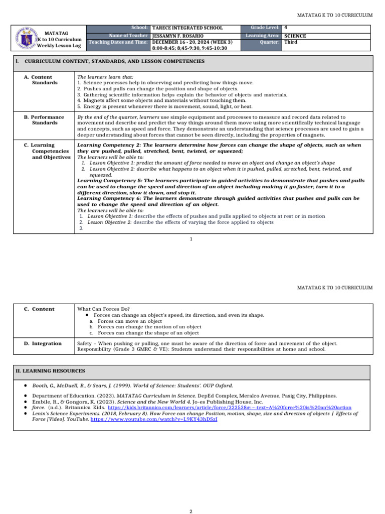 DLL_SCIENCE 4 Q3 W3 | PDF | Force | Learning