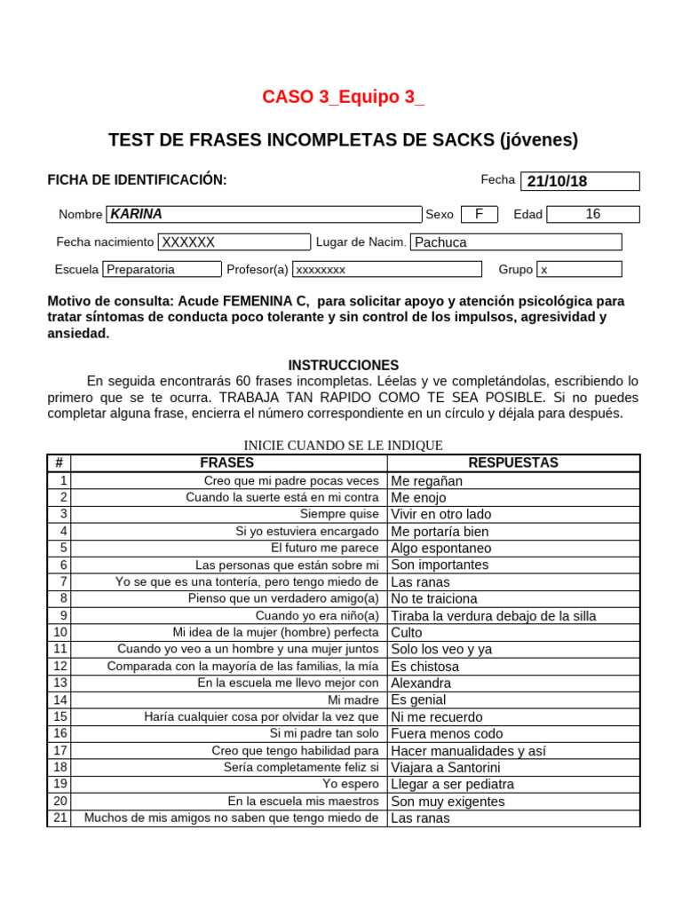CASO 3 KARINA TEST SACKS Adolescente | PDF | Ciencias del ...