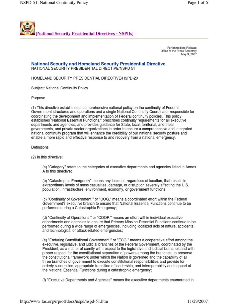 NSPD-51: National Continuity Policy | PDF | Federal Government Of The ...