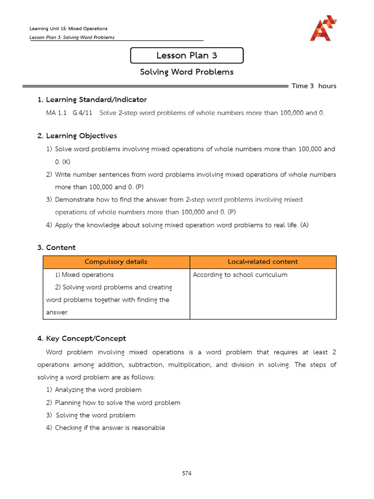 Lesson Plan 15-3 Solving Word Problems | PDF | Learning | Critical Thinking