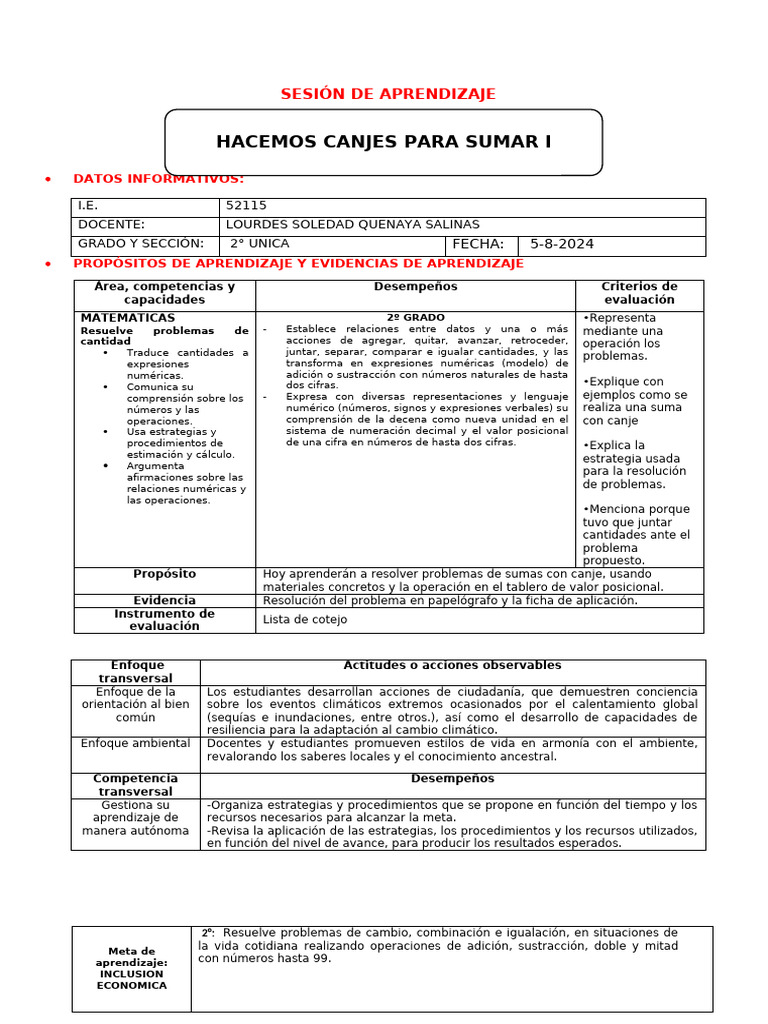 U5 S1 Sesion D1 Mat Hacemos Canjes para Sumar | PDF | Aprendizaje