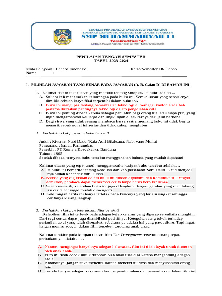 SOAL PTS Kls 8 Genap 2023-2024 | PDF