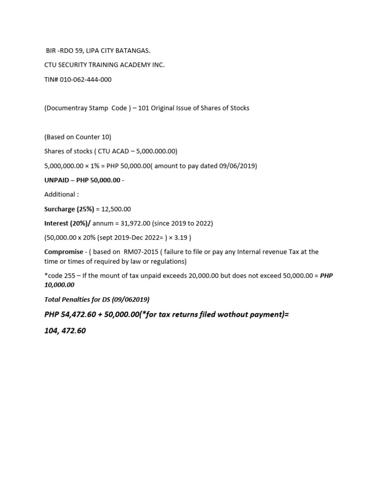 Unpaid PHP 50,000.00: PHP 54,472.60 + 50,000.00 ( For Tax Returns Filed ...