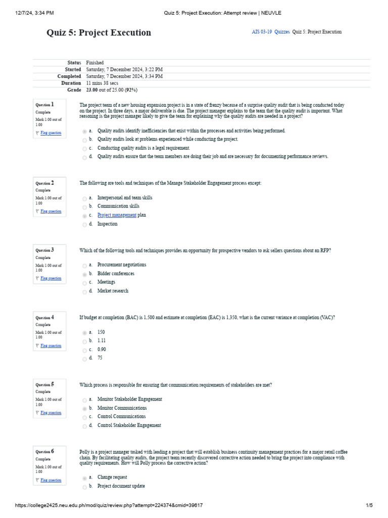 Quiz 5_ Project Execution_ Attempt Review _ NEUVLE | PDF | Business