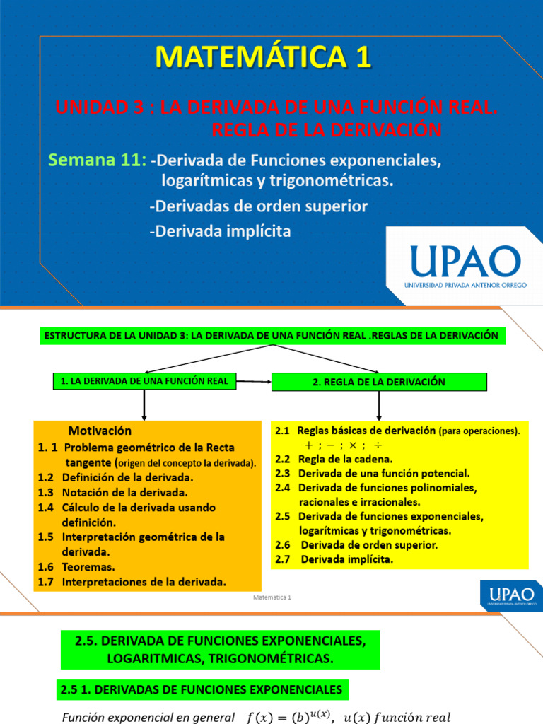 Mat - 1 - T - Sem 11 - Deriv F Exp Log Trig Orden Sup Implicita | PDF | Derivado | Logaritmo