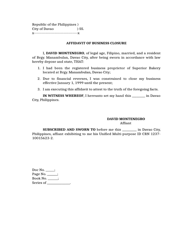Affidavit of Business Closure Sample | PDF