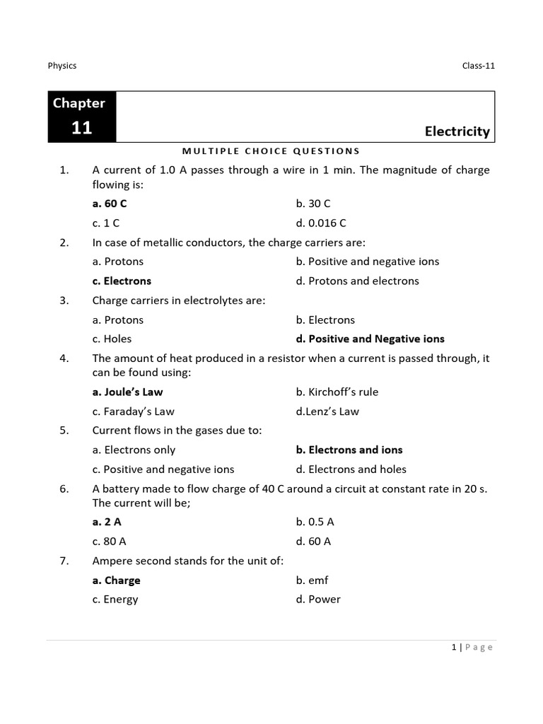 Ch-11: Electricity - MCQs - PDF | PDF | Electric Current | Quantity