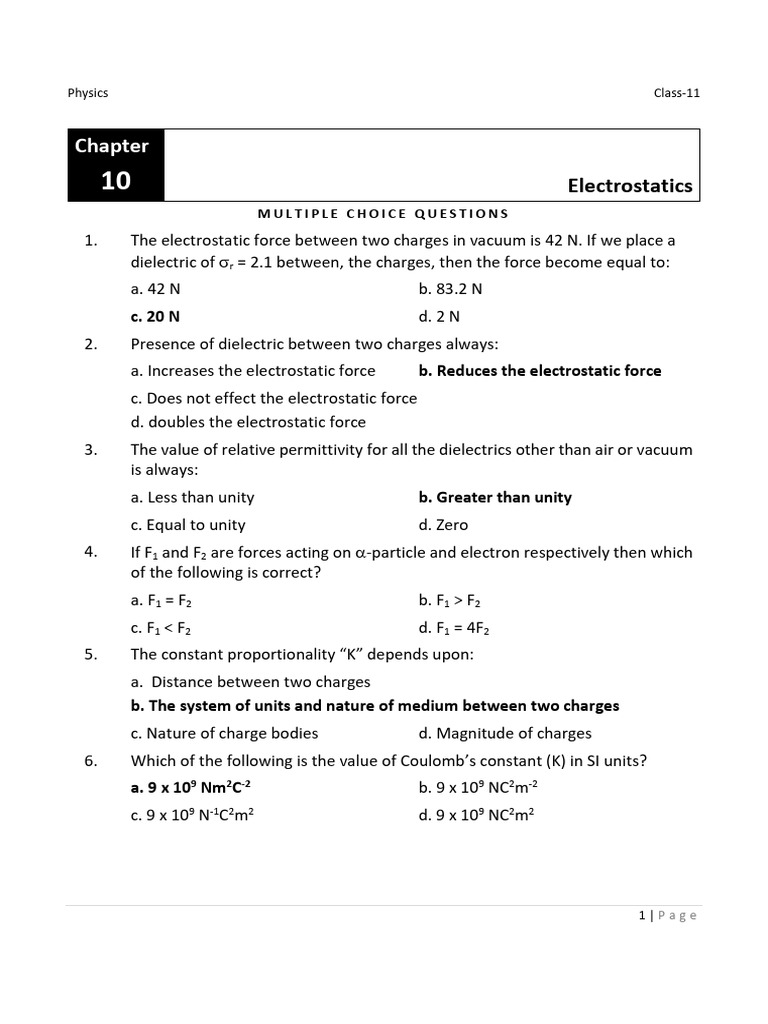 Ch-10: Electrostatics - MCQs - PDF | PDF | Dielectric | Materials Science