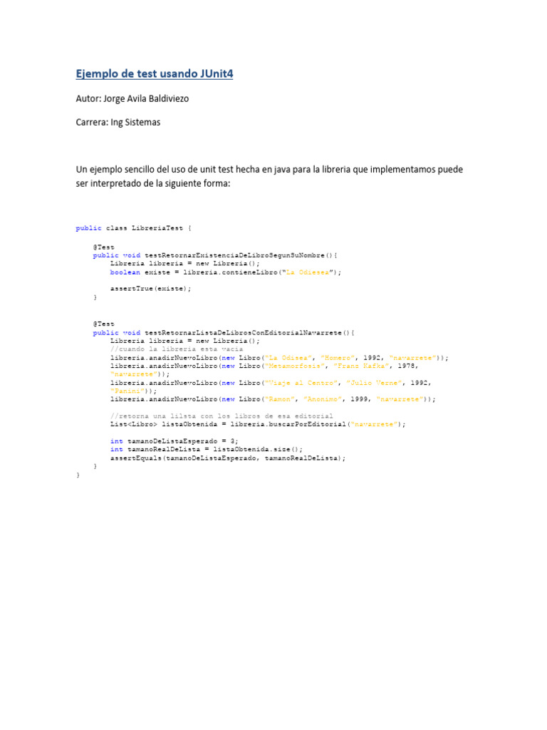 Ejemplo de Test Usando JUnit4 - Jorge Avila Baldiviezo | PDF
