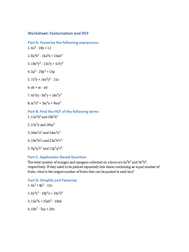 HCF and Factorization Worksheet | PDF