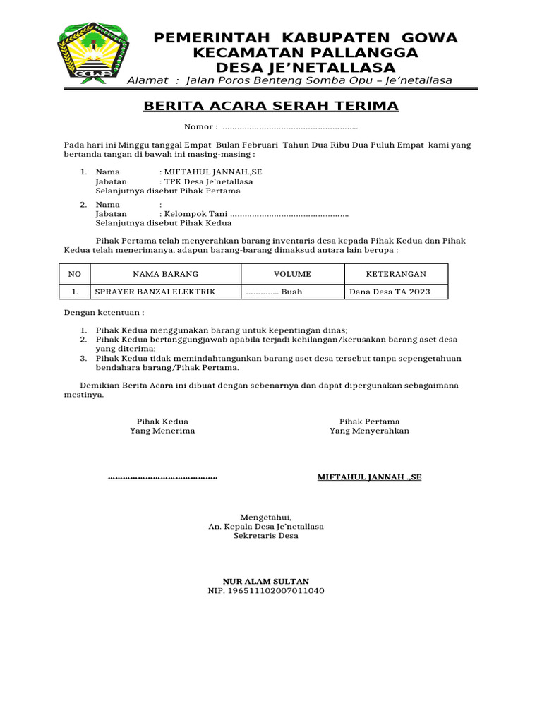 Berita Acara Serah Terima Barang Desa | PDF