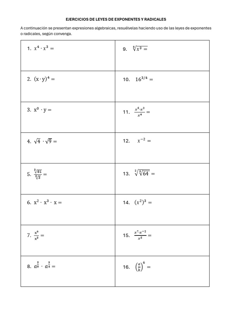 4 Ejercicios de Leyes de Exponentes y Radicales_023927 | PDF