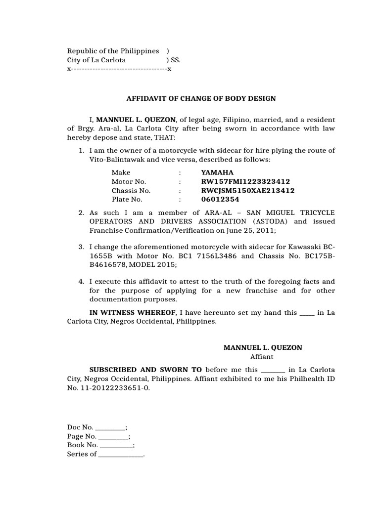 Affidavit of Change of Body Design Sample 2 | PDF
