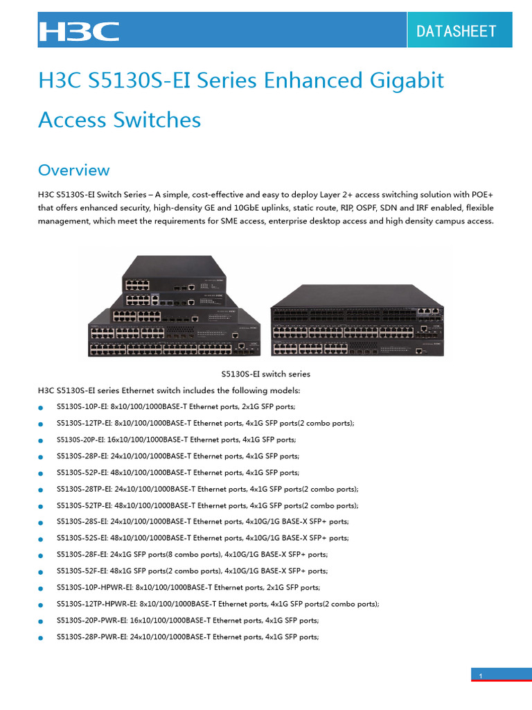 H3C S5130S-EI Series Enhanced Gigabit Access Switches | PDF | Computer Network | Network Switch