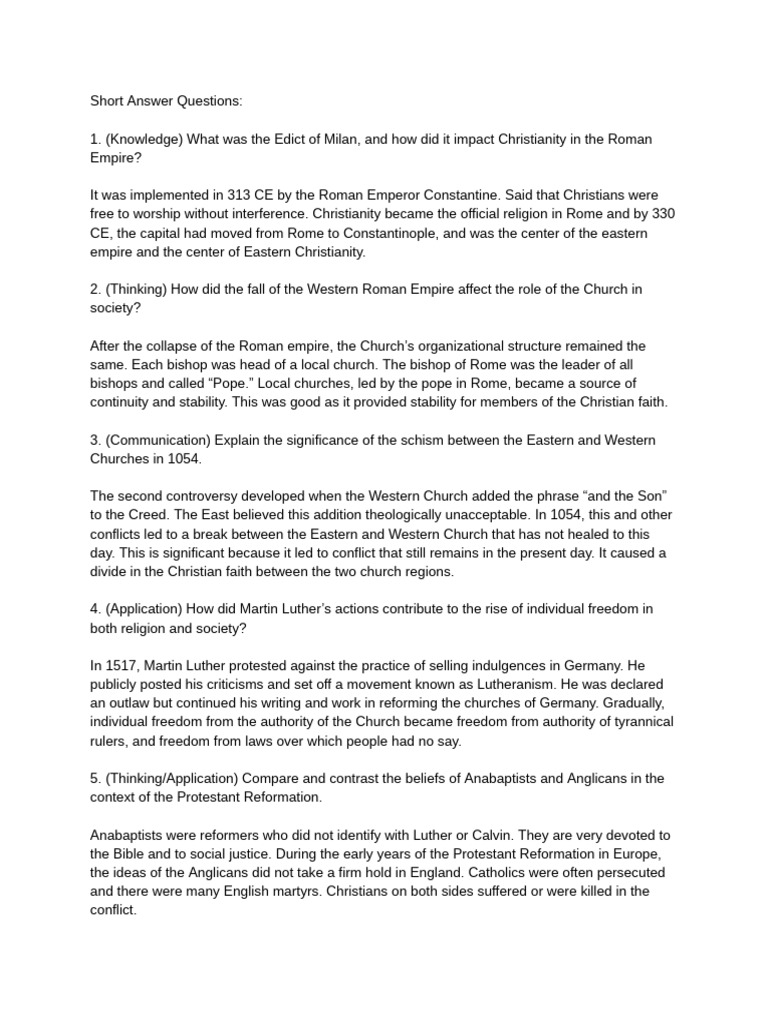 Religion 7.3 Short Answer Questions | PDF