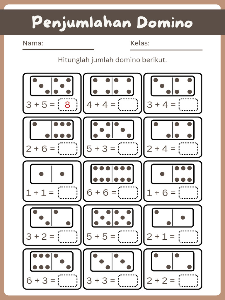 Coklat Sederhana Penjumlahan Domino Lembar Kerja Matematika | PDF
