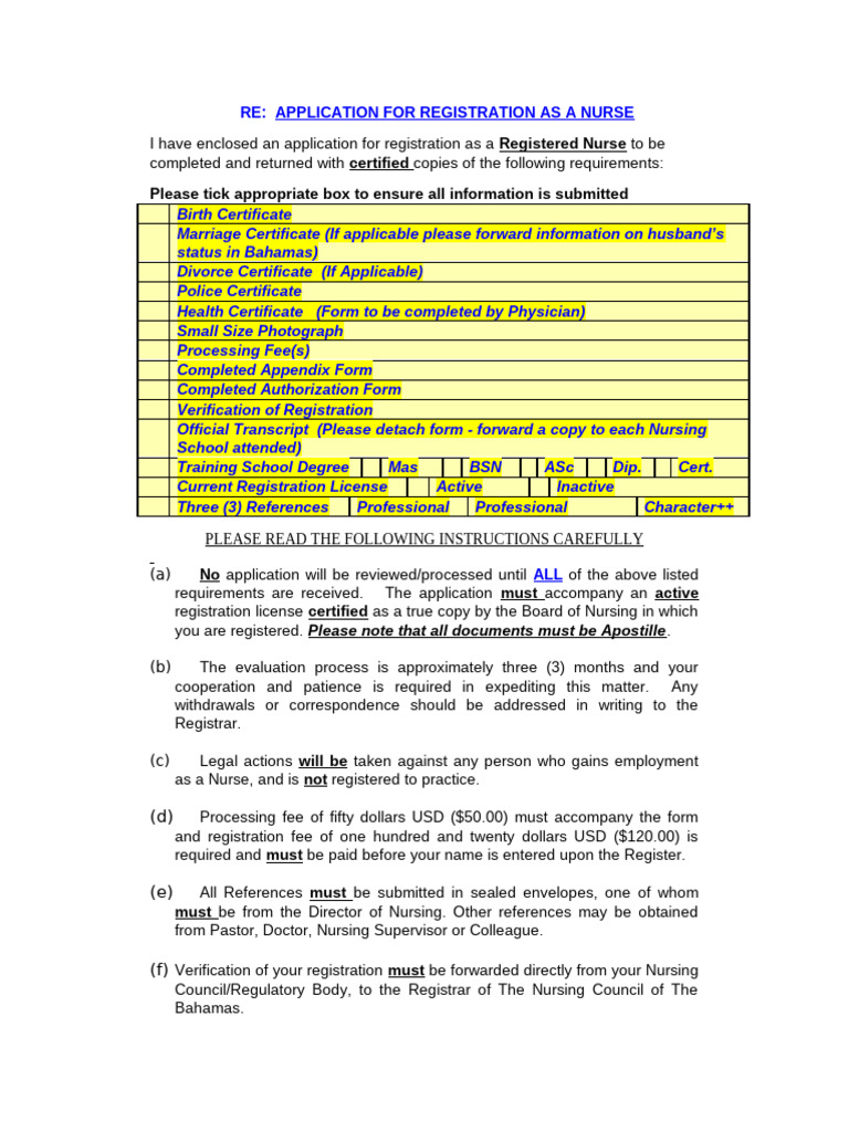 Bahamas Application Form For RN | PDF | Medicine | Health Care