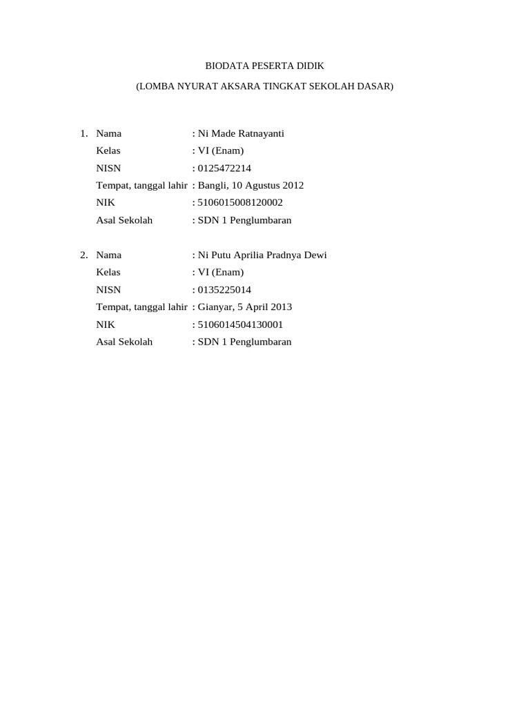 Biodata Peserta Lomba Aksara SD | PDF