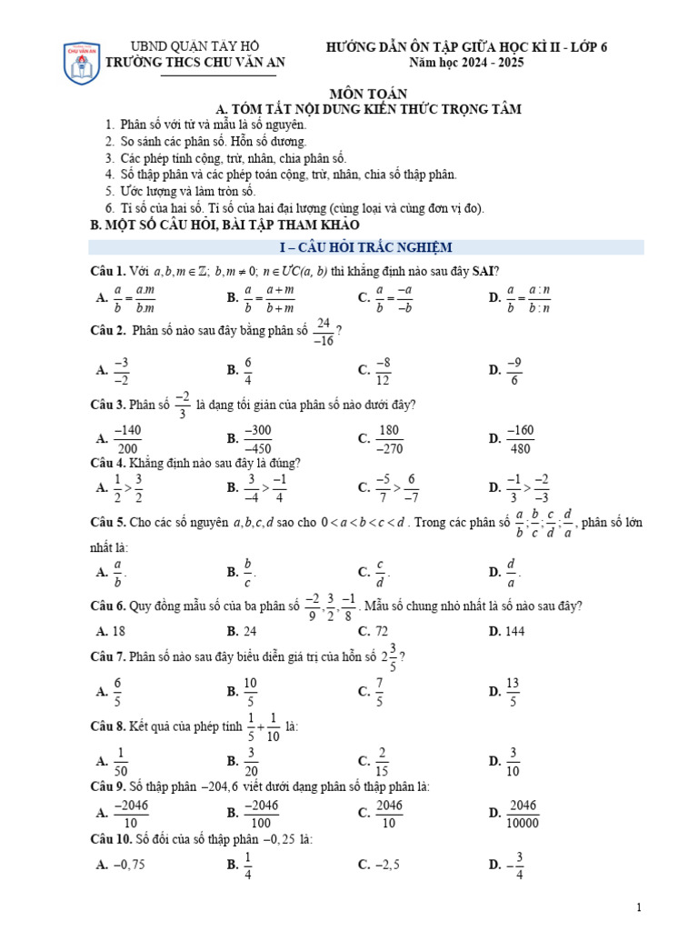 On Tap Giua Ki 2 Toan 6 Nam 2024 2025 Truong Thcs Chu Van An Ha Noi | PDF