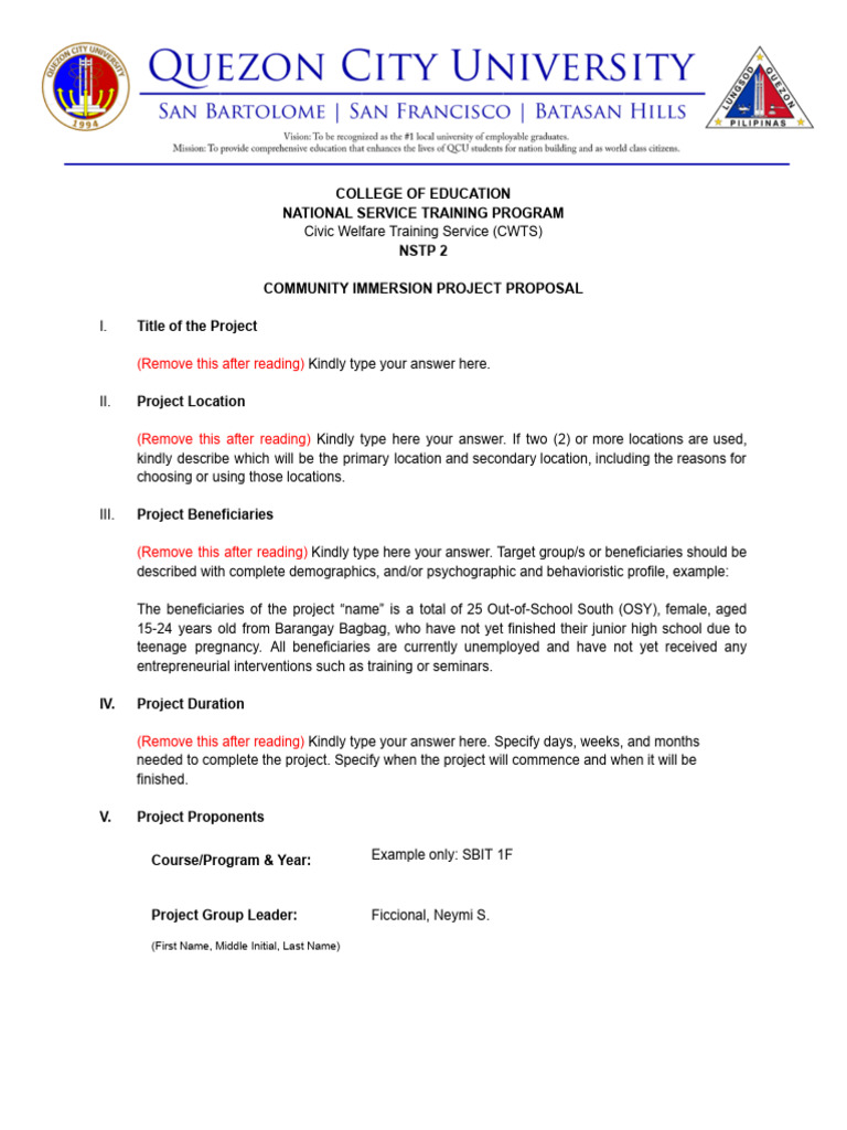 NSTP 2 - Community Immersion Project Proposal Template | PDF