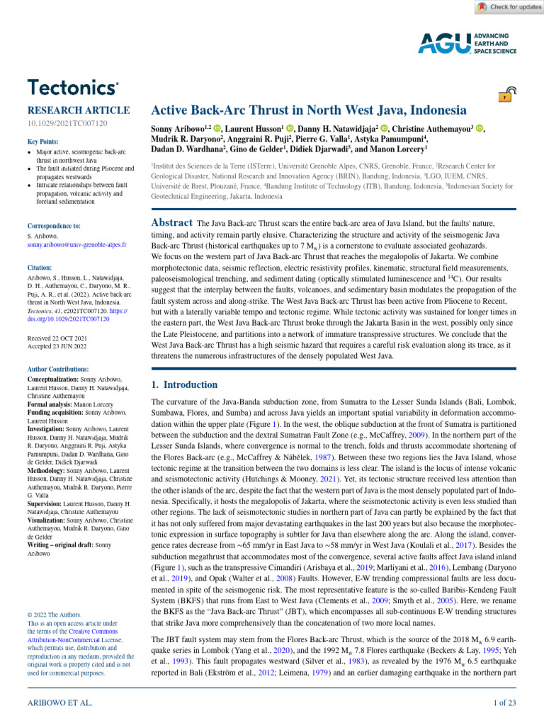 Tectonics - 2022 - Aribowo - Active Back Arc Thrust in North West Java ...