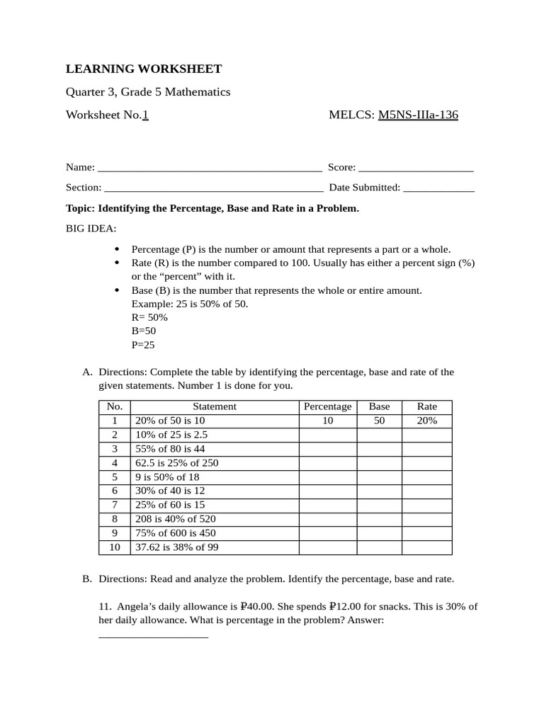 Grade 5 Math: Percentages Worksheet | PDF | Percentage | Worksheet