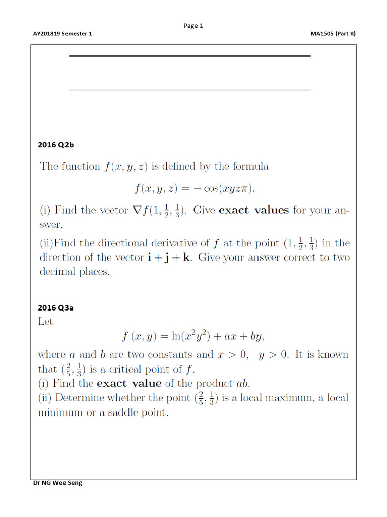 MA1505 Part II 1819S1 Rev Ex 1 (Partial Derivatives) | PDF | Derivative ...