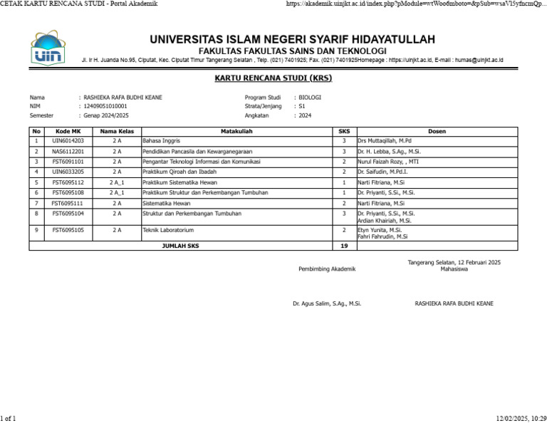 CETAK KARTU RENCANA STUDI - Portal Akademik | PDF