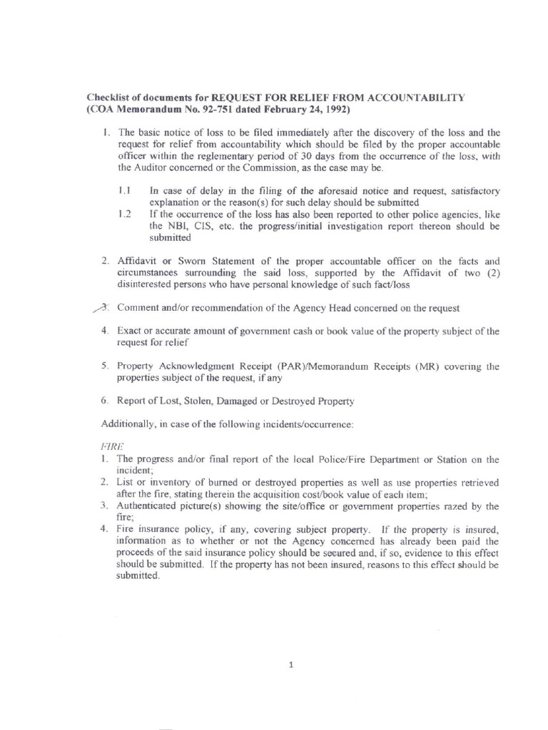 Checklist of Documents For REQUEST FOR RELIEF FROM ACCOUNTABILITY | PDF
