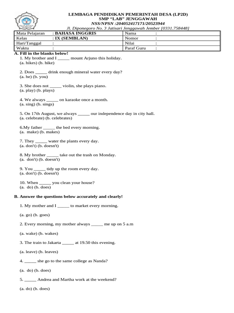 English Exercise for Grade IX Students | PDF