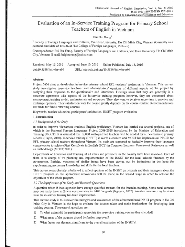 Evaluation of an In-Service Training Program for Primary School Teachers of English in Vietnam | PDF