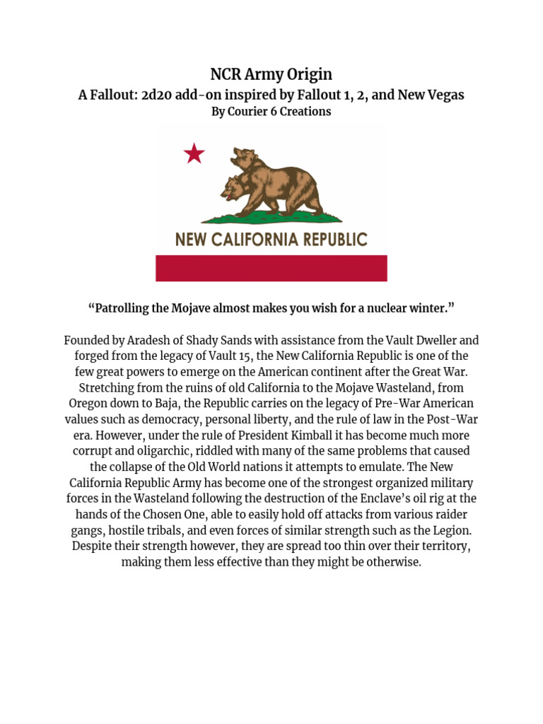 Fallout 2d20 - NCR Army Origin | PDF