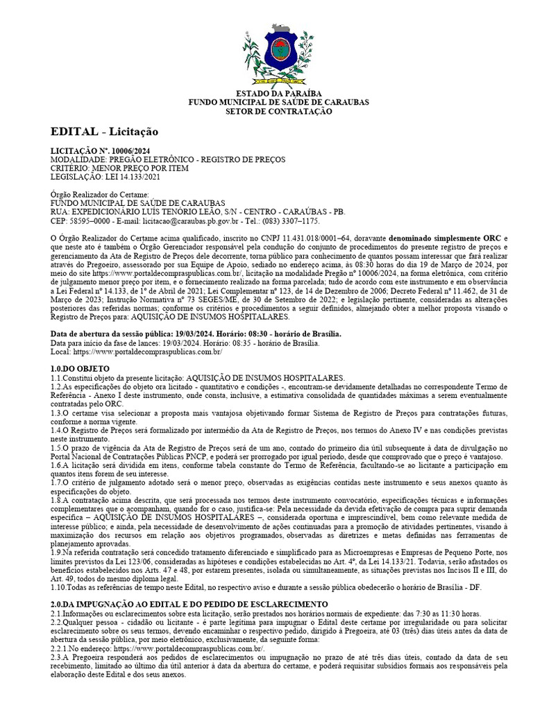 Edital+Pe+10006 2024+ +Rp+Aquisicao+de+Insumos+Hospitalares | PDF ...