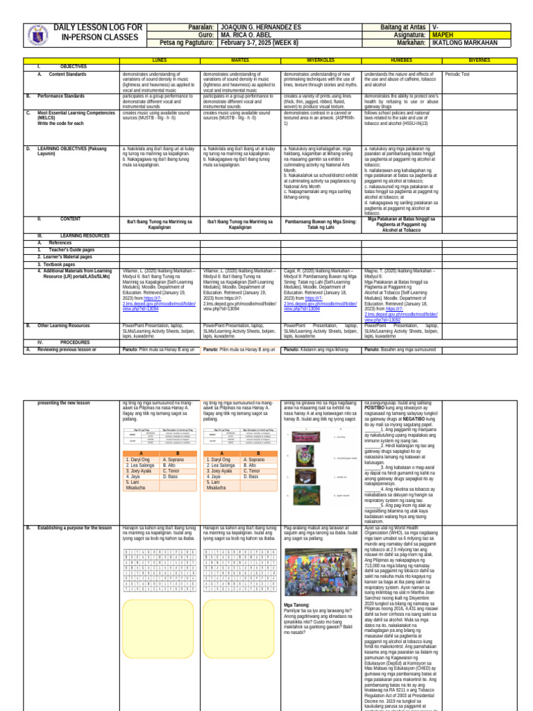 G5 Q3W9 DLL MAPEH (MELCs) | PDF