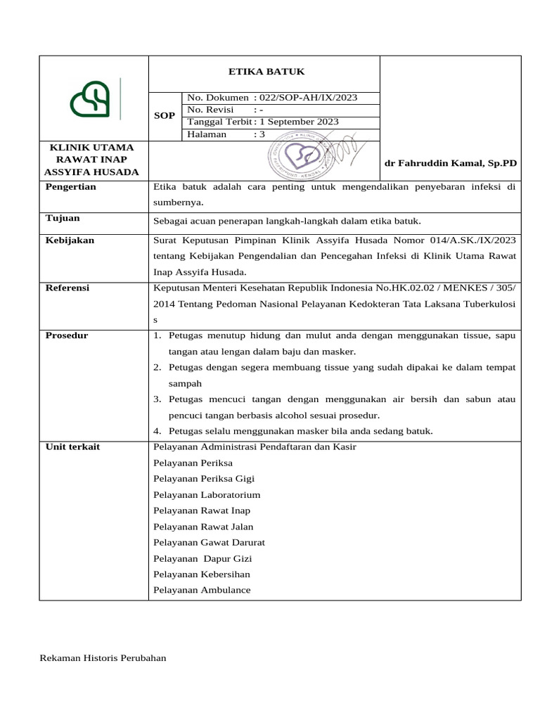 Etika Batuk: SOP Pencegahan Infeksi | PDF
