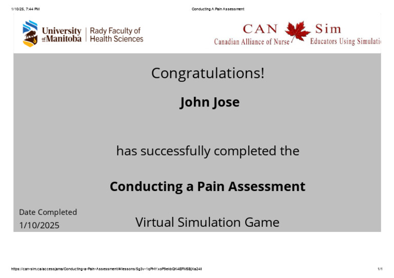 Virtual Simulation Game - Conducting A Pain Assessment | PDF