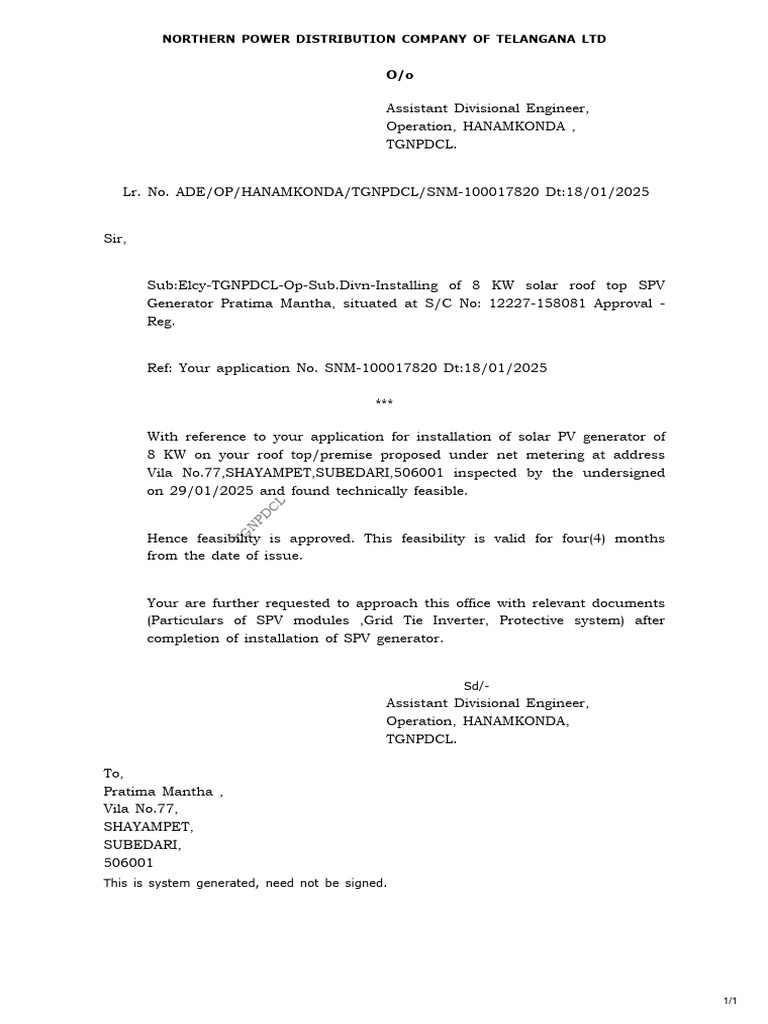Mantha Srinivas 8KW Feasibility Report | PDF