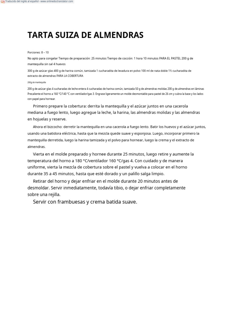 Tarta Suiza de Almendras: Servir Con Frambuesas y Crema Batida Suave | PDF