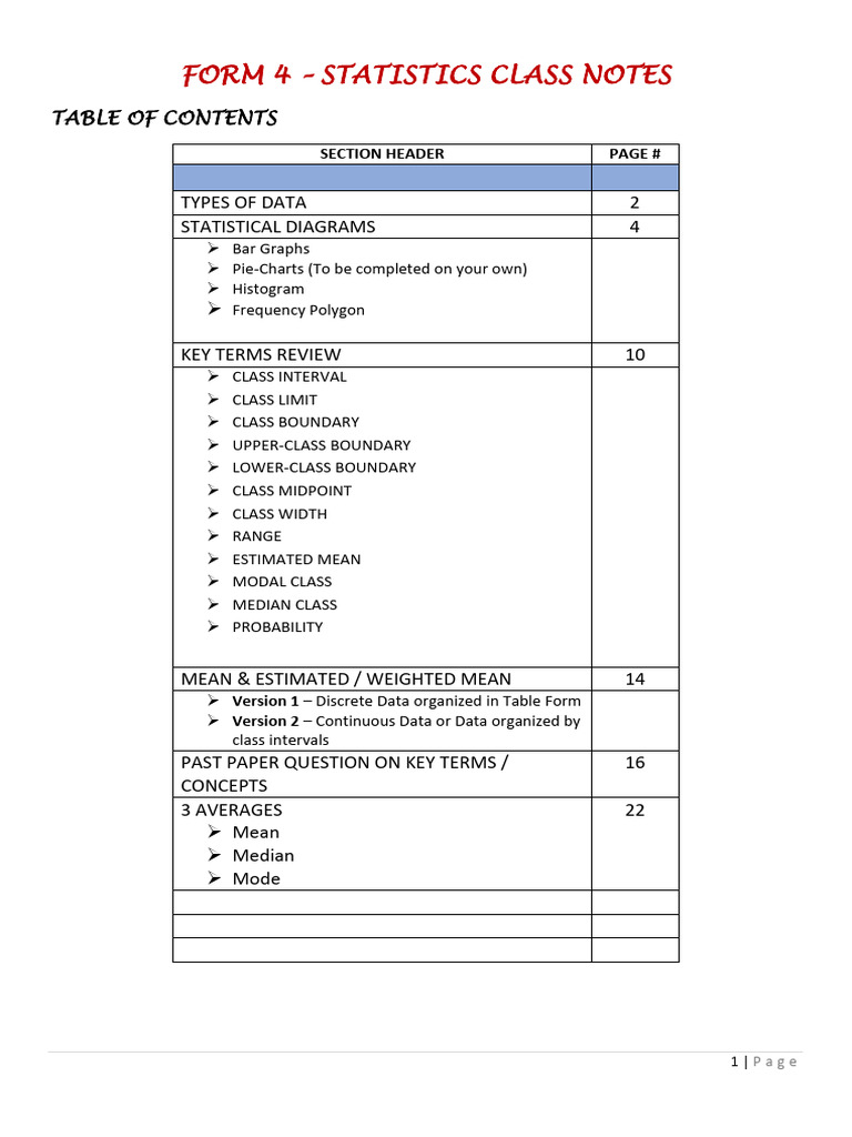 Form 4 - Statistics Partial Notes | PDF | Mode (Statistics ...