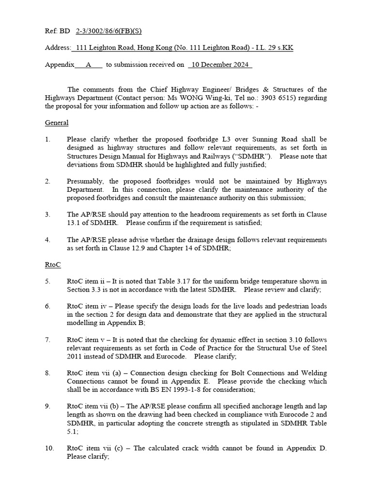 HyD (B&S) Comments For Footbridge L3 - App A | PDF | Civil Engineering