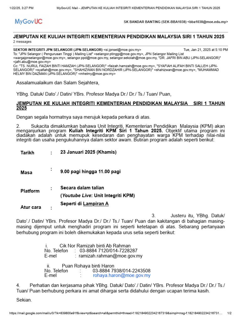 Jemputan Ke Kuliah Integriti Kementerian Pendidikan Malaysia Siri | PDF
