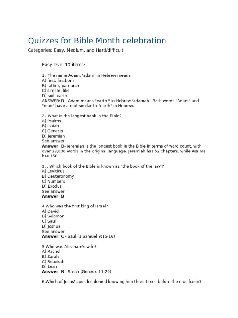 Quizzes For Bible Month Celebration - 075521 | PDF | Book Of Genesis ...