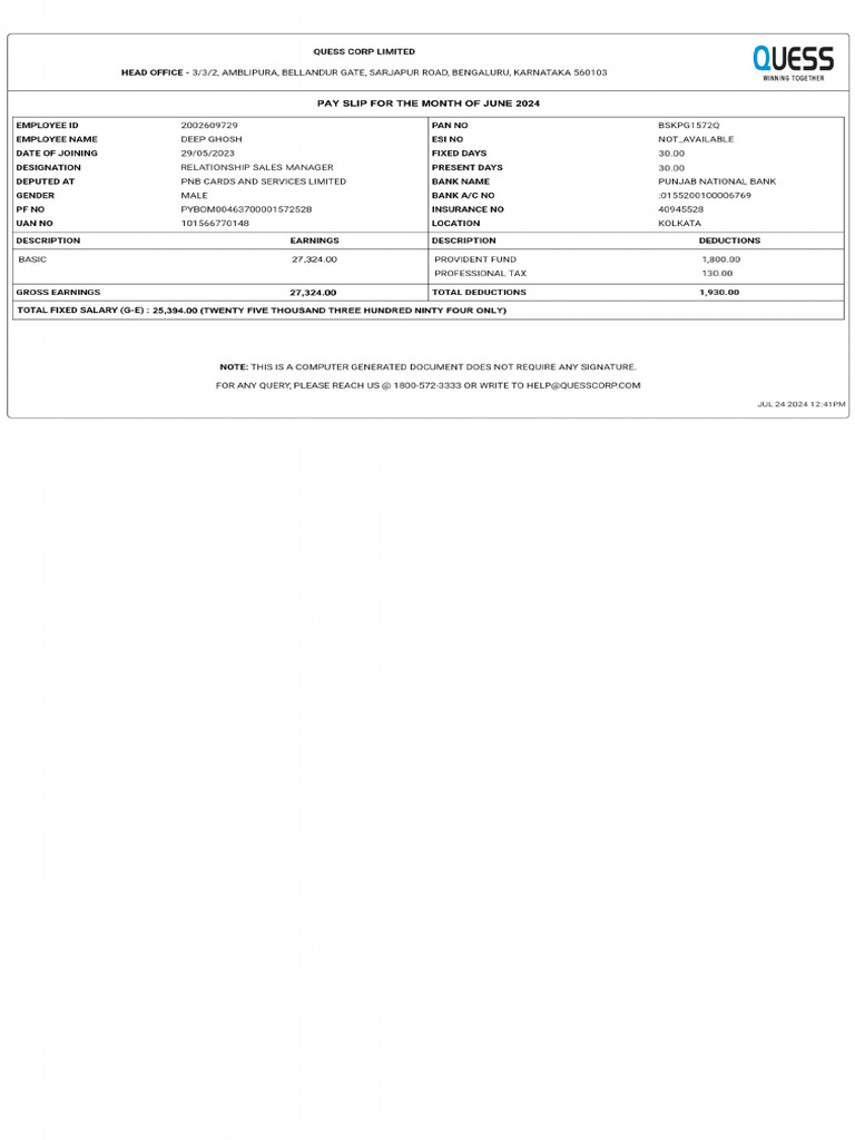 Deep - Ghosh - June 2024 - Salary Slip - June-2024 | PDF