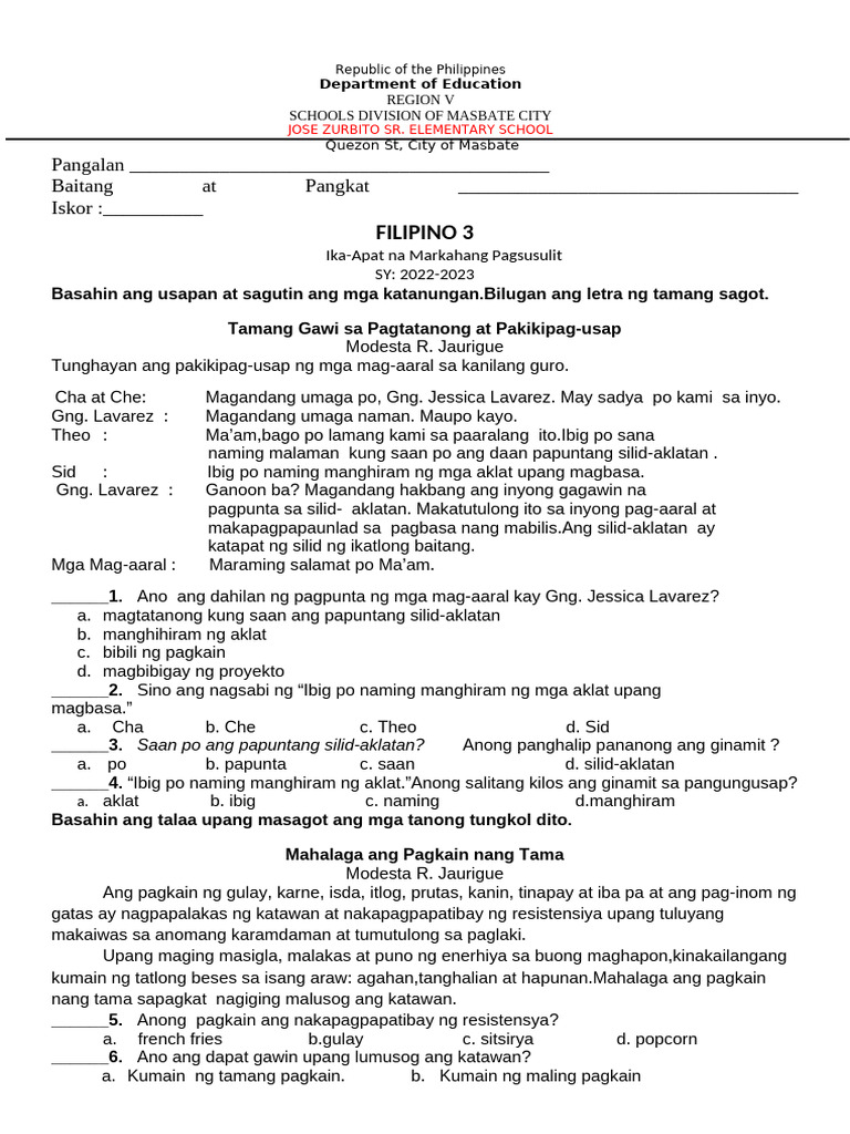 Fourth Grading Filipino 3 | PDF