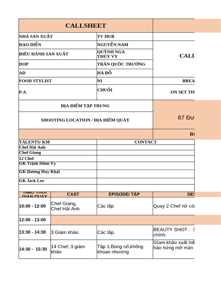 Callsheet - Mẫu | PDF