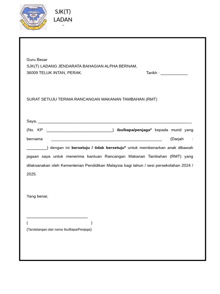 Borang Setuju Terima RMT | PDF